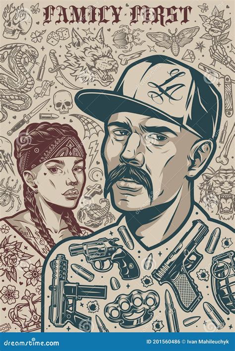 Vintage Chicano Tattoos Poster Stock Vector Illustration Of Crown