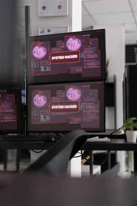 Empty Big Data Agency Having Multiple Computers Showing Hacking Alert Stock Image Image Of