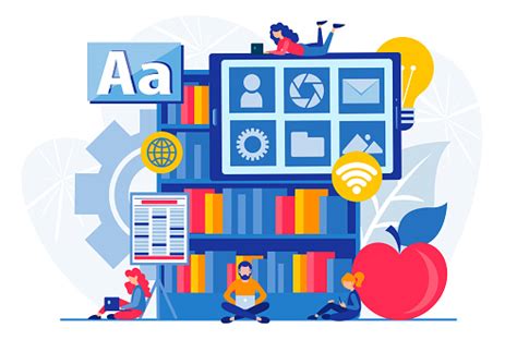 온라인 거리 학습 가정에서의 교육 전자 책 및 정보 기술 작은 사람들 학생들은 인터넷에서 공부 개념에 대한 스톡 벡터 아트 및