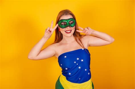 Premium Photo Beautiful Brazilian Redhead Girl With Carnival Clothes Made With Flag Of Brazil