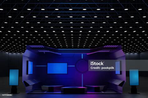 부스 시스템 스탠드는 전시장에서 기술 이벤트 무역 박람회 3d 렌더링을 위한 현대적인 Sci Fi 스타일 모형 디자인을 표시합니다 0명에 대한 스톡 사진 및 기타 이미지