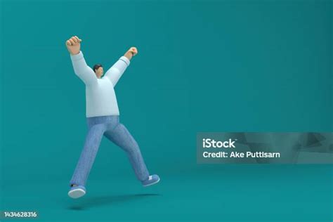 청바지 흰색 긴팔 셔츠를 입은 만화 캐릭터 연기의 3d 일러스트 레이터 그는 점프하고있다 3차원 형태에 대한 스톡 사진 및 기타 이미지 Istock