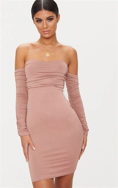 Nude Ruched Front Ruched Arm Bandeau Bodycon Dress Nude Bodycon