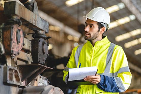 산업 공장의 유지 보수 건설 장비에 종사하는 안전 하드 모자를 가진 전문 기술자 엔지니어 생산 기술의 제조 직업 직업을 가진 검사 남자 25 29세에 대한 스톡 사진 및