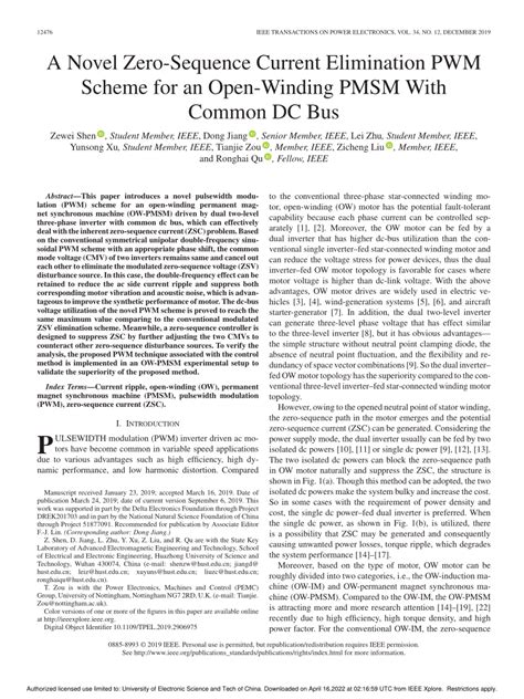 Pdf A Novel Zero Sequence Current Elimination Pwm Scheme For An Open Winding Pmsm With Common