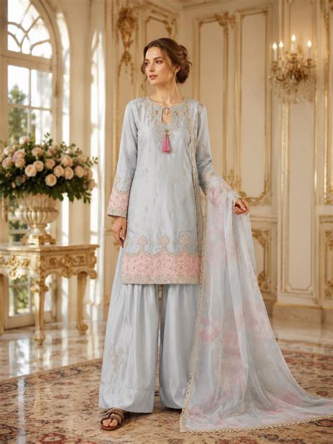 Pakistani Shalwar Kameez For Women Purple And Orange Organza Suit With