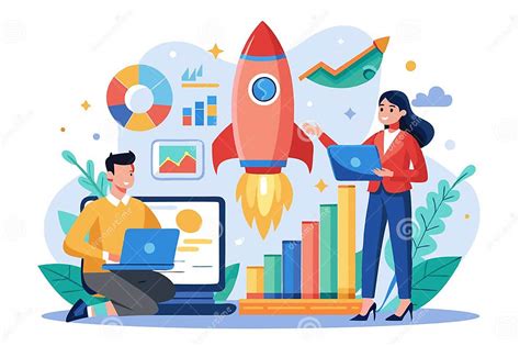 two data analysts discuss growth trends as a rocket takes off symbolizing innovation and