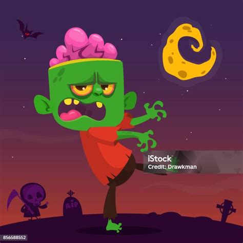 묘지 죽음의 신 무덤과 달 밤 배경에 웃 고 재미 행복 좀비의 벡터 만화 이미지 할로윈입니다 벡터 일러스트 절연입니다 공포 무서움에 대한 스톡 벡터 아트 및 기타 이미지
