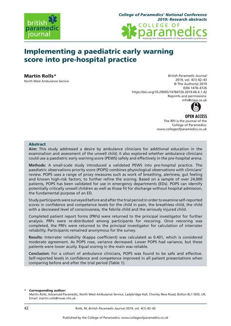 Pdf Implementing A Paediatric Early Warning Score Into Pre Hospital