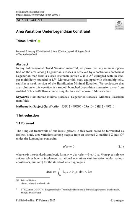 Pdf Area Variations Under Legendrian Constraint