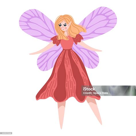 보라색 날개를 가진 빨간 드레스를 입은 귀여운 요정 소녀 플랫 벡터 스타일의 판타지 캐릭터 그림 동화 같은 디자인을 위한 마법의 숲 스프라이트 초대장 포스터에 적합 0명에
