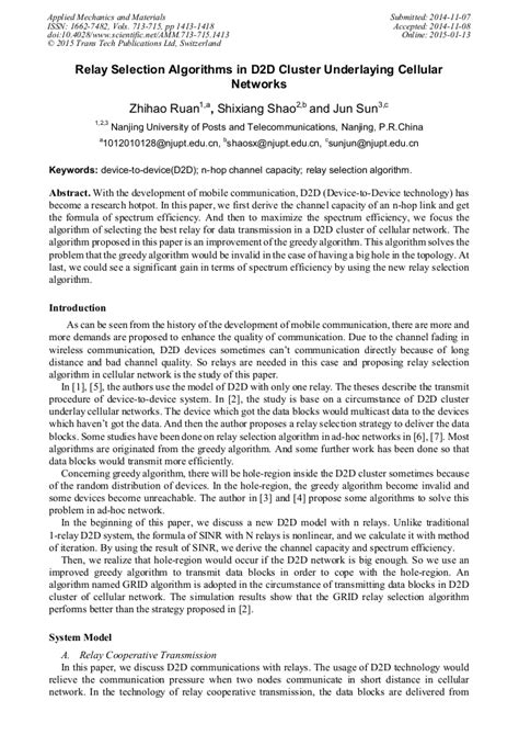 Relay Selection Algorithms In D2d Cluster Underlaying Cellular Networks Scientificnet