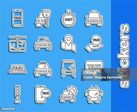 노선 트롤리 버스 택시와 지도 포인터 지도에 손 스톱워치 24 시간 자동차 케이블카 택시 호출 전화 서비스 및 접힌 위치 마커 아이콘을 설정합니다 벡터 24에 대한 스톡