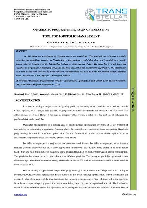 pdf quadratic programming as an optimization tool for portfolio