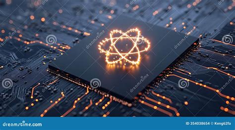 Glowing Atomic Symbol On Semiconductor Circuit Board Representing Technology Stock Illustration
