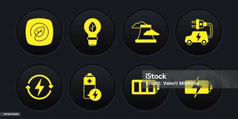 충전 전기 자동차 배터리 원자력 발전소 나뭇잎이있는 전구 및 위치 아이콘을 설정합니다 벡터 가득 찬에 대한 스톡 벡터 아트 및