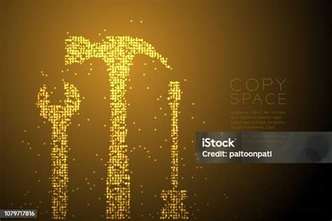 추상적인 기하학적 Bokeh 서클 도트 픽셀 패턴 렌치 드라이버와 망치 모양 정비공 개념 디자인의 골드 컬러 일러스트 레이 션의