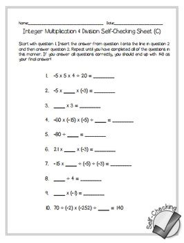 Integer Multiplication Division Self Checking Worksheets Differentiated