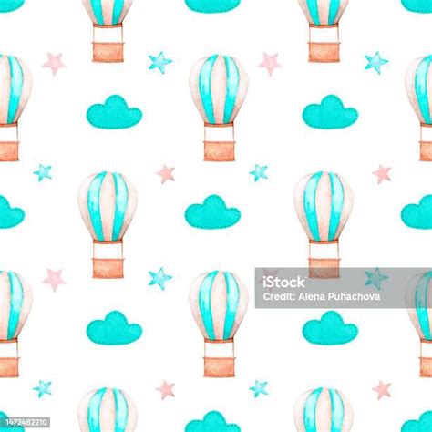 어린이 보호 스타일의 매끄러운 패턴 수채화 귀여운 풍선 구름과 별 벽지 직물 섬유 인쇄 포장 아기 방 및 신생아를위한 디자인 0명에 대한 스톡 벡터 아트 및 기타 이미지