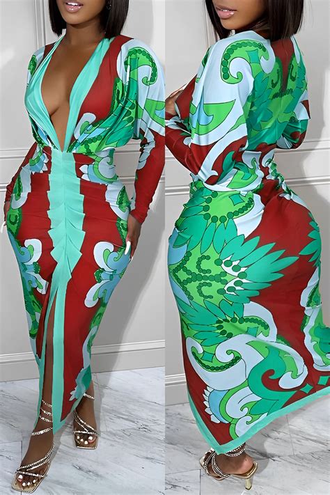 Wholesale Red Sexy Casual Print Patchwork Slit Fold V Neck Long Sleeve