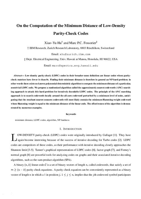 Pdf On The Computation Of The Minimum Distance Of Low Density Parity Check Codes