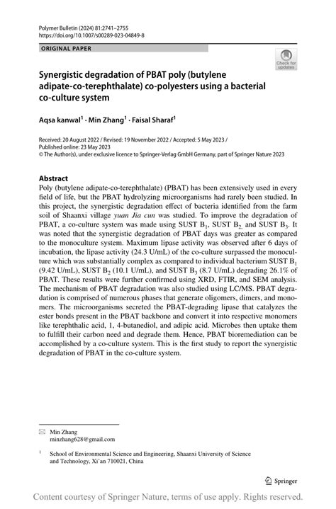 Synergistic Degradation Of Pbat Poly Butylene Adipate Co Terephthalate Co Polyesters Using A
