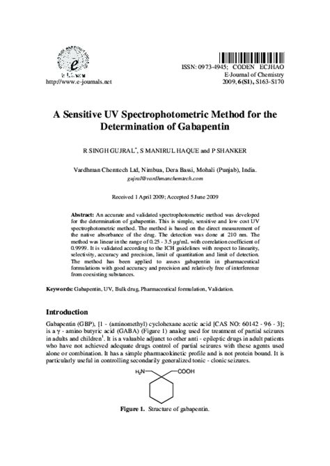 Pdf A Sensitive Uv Spectrophotometric Method For The Determination Of Gabapentin