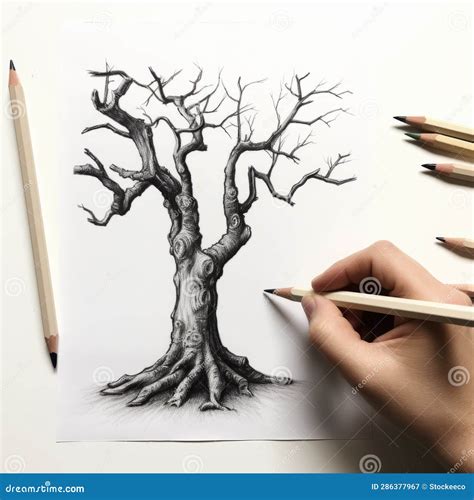 Realistic Black And White Tree Drawing With Detailed Shading Stock