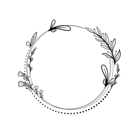 Botanical Circle Frame Hand Drawn Round Line Border Leaves And Flowers Wedding Invitation And