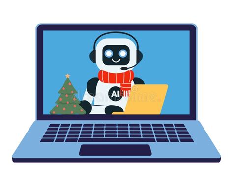 Cute Chat Bot Robot With Yellow Laptop With A Christmas Tree And A Red