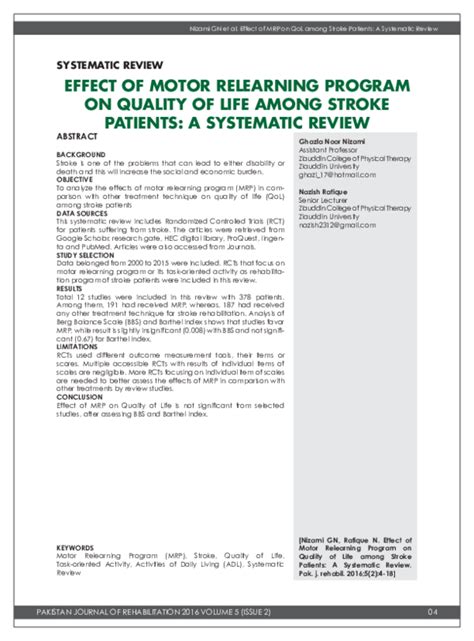 Pdf Effect Of Motor Relearning Program On Quality Of Life Among Stroke Patients A Systematic