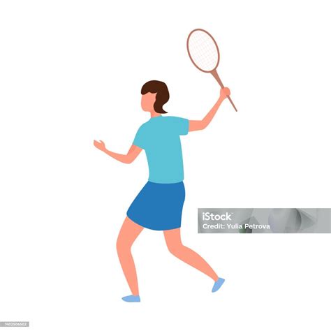 흰색 배경에 여자 테니스 여름 스포츠 만화 벡터 일러스트 레이 션 플랫 디자인 손에 라켓을 들고 귀여운 소녀는 테니스를합니다 개념 설계 배드민턴 테니스에 대한 스톡 벡터