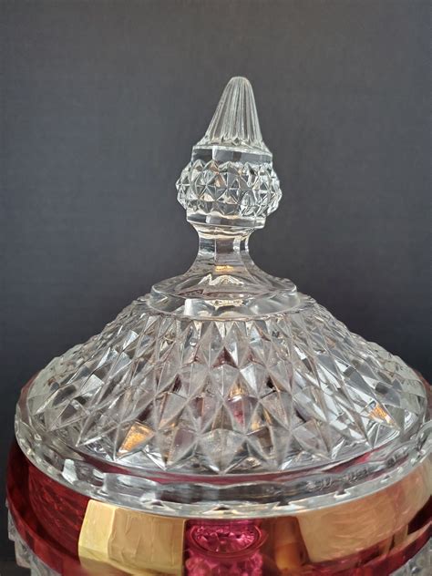 Indiana Glass Ruby Band Diamond Point Cut Glass Compote Etsy