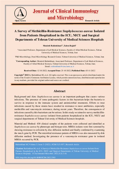 Pdf A Survey Of Methicillin Resistance Staphylococcus Aureus Isolated