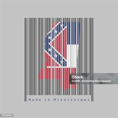 바코드 회색 배경에 어두운 회색 바코드에 미시시피 지도 개요 및 미시시피 국기의 색상에 모양을 설정합니다 X자형 십자에 대한 스톡 벡터 아트 및 기타 이미지 Istock