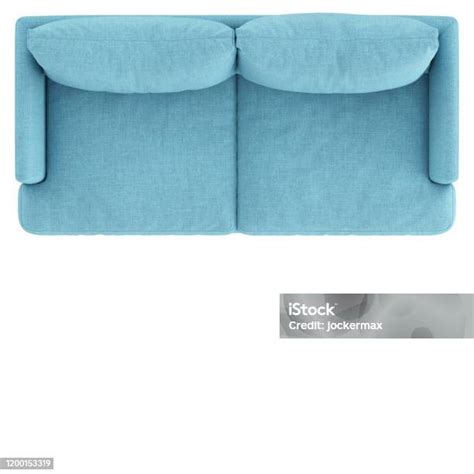 흰색 배경에 나무 다리에 부드러운 파란색 패브릭 소파 카피스페이스 맨 위 보기 3d 렌더링 3차원 형태에 대한 스톡 사진 및