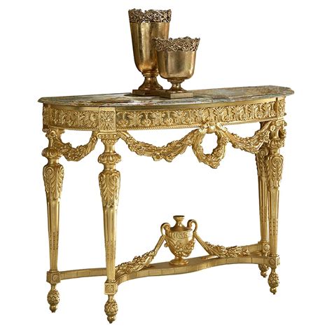 Artisanal Empire Console In Gold Leaf With Marble Top And Handmade