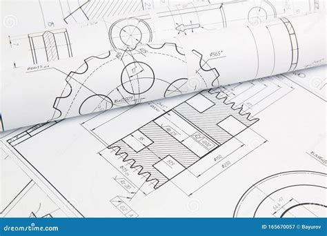 Paper Engineering Drawings Of Bolt And Nut On Blackboard Background