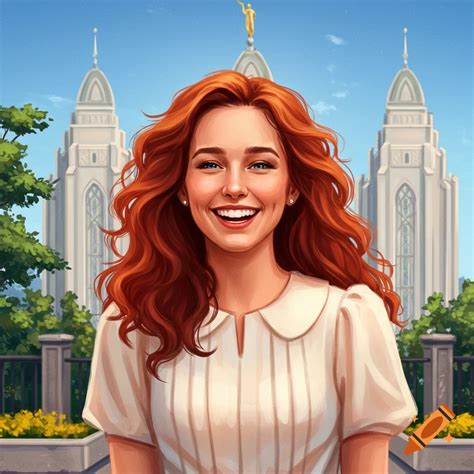 Woman With Red Hair In White Dress Smiling With Lds Temple In