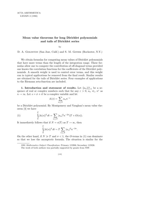 Pdf Mean Value Theorems For Long Dirichlet Polynomials And Tails Of Dirichlet Series