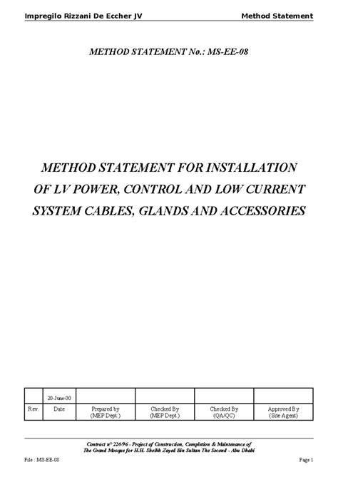 Method Statement For Installation Of Lv Power Cables Glands