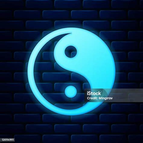 벽돌 벽 배경에 고립 된 조화와 균형 아이콘의 빛나는 네온 음양 상징 벡터 일러스트레이션 음양 상징에 대한 스톡 벡터 아트 및 기타 이미지 음양 상징 형광색의 0명