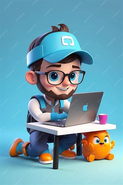 Premium Photo Cartoon 3d Character Developer Designer Working On Laptop Web App Development