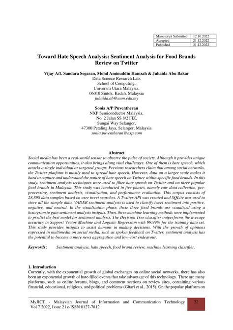 PDF Toward Hate Speech Analysis Sentiment Analysis For Food Brands Review On Twitter