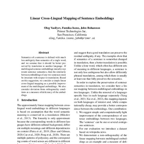 Linear Cross Lingual Mapping Of Sentence Embeddings Acl Anthology