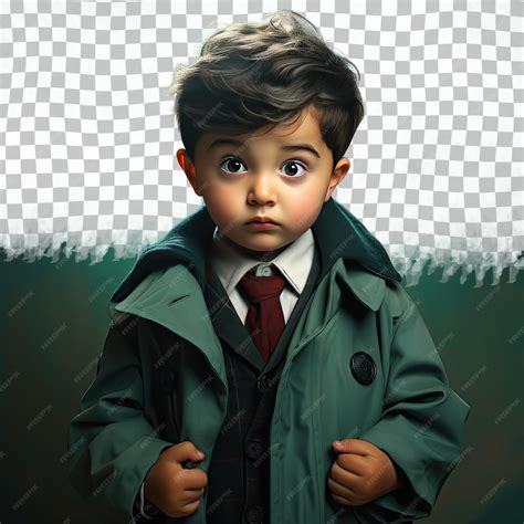 몽골 인종의 짧은 머리카락을 가진 불안한 유치원 소년은 탐정 의상을 입고 파스텔 티얼 배경에 손에 ⁇ 을 ⁇ 고 포즈를 취합니다