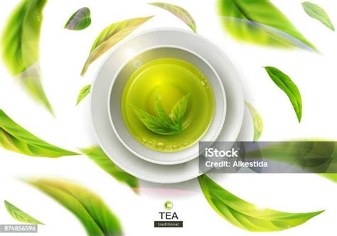 흰색 배경 및 녹차와 접시와 함께 세라믹 찻잔에 녹차 잎 모션에서 3d 일러스트 벡터 디자인 광고 요소 차 제품의 포장 0명에 대한 스톡 벡터 아트 및 기타 이미지 Istock