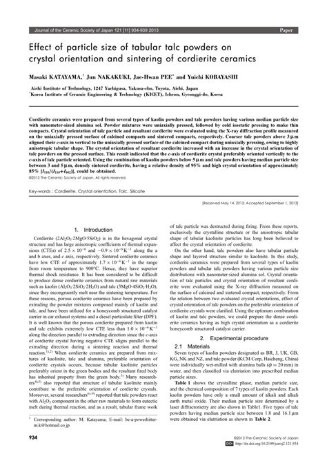 Pdf Effect Of Particle Size Of Tabular Talc Powders On Crystal Orientation And Sintering Of