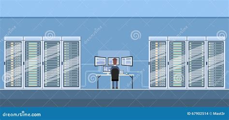 Man Working Data Center Technical Room Hosting Server Database Stock Vector Illustration Of
