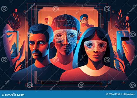 People Are Using Facial Recognition And Cybersecurity Technology Stock Illustration